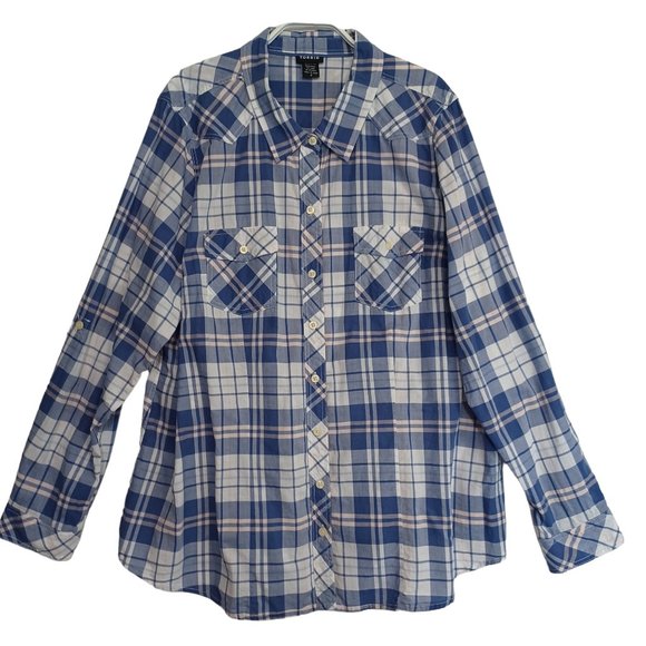 torrid | Tops | Torrid Plaid Light Blue Pink Button Up Western Shirt ...